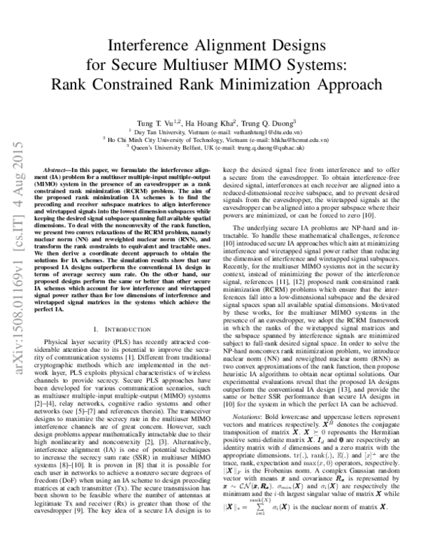 Pdf Interference Alignment Designs For Secure Multiuser Mimo Systems Rank Constrained Rank