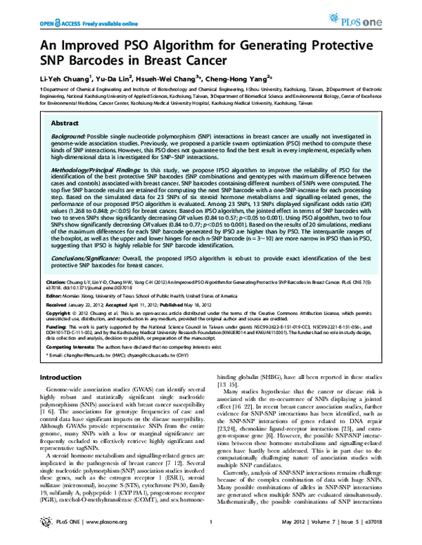 (PDF) An Improved PSO Algorithm for Generating Protective SNP Barcodes in Breast Cancer