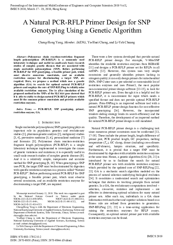 (PDF) GA-Based Design of PCR-RFLP Primers for SNPs
