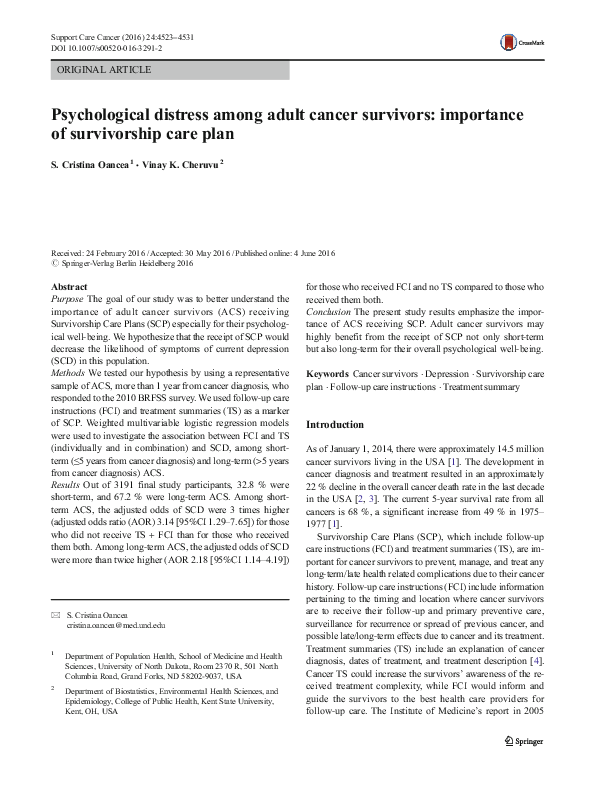 (PDF) Psychological distress among adult cancer survivors: importance ...