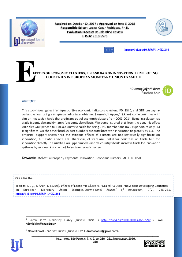 (PDF) Effects of economic clusters, FDI and R on Innovation: Developing ...
