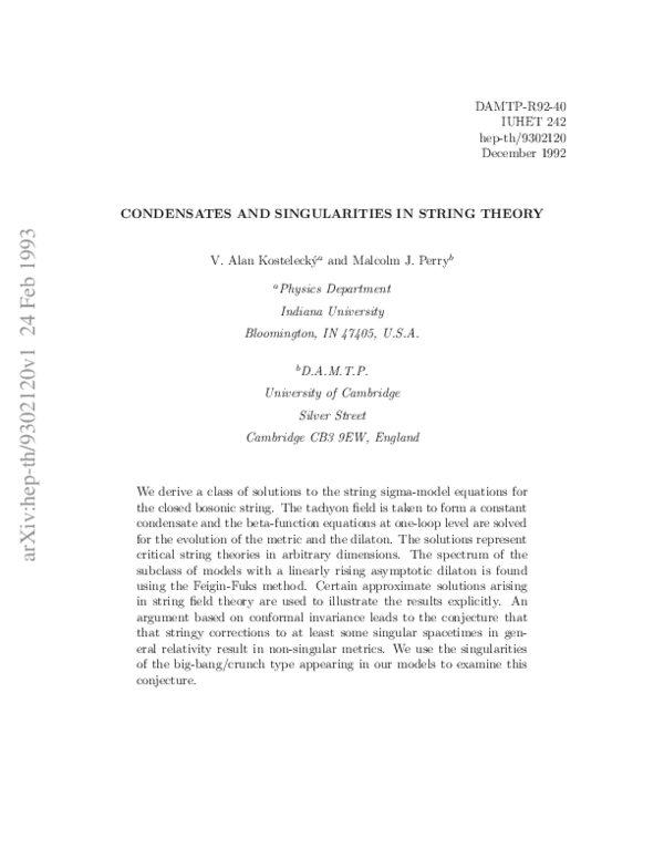 (PDF) Condensates and singularities in string theory