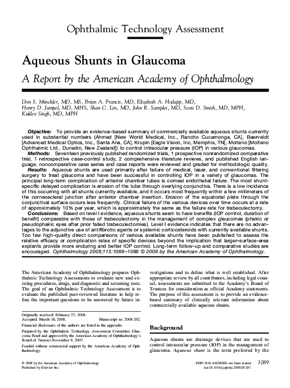 (PDF) Aqueous shunts in glaucoma: a report by the American Academy of ...