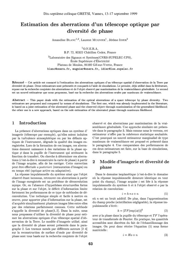 (PDF) Estimation des aberrations d'un télescope optique par diversité de phase