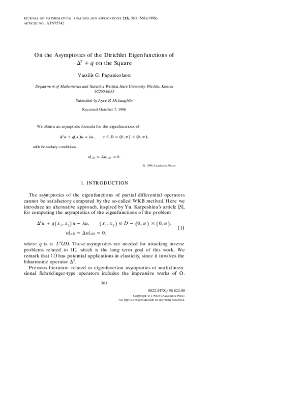 (PDF) On the Asymptotics of the Dirichlet Eigenfunctions of Δ2+qon the Square
