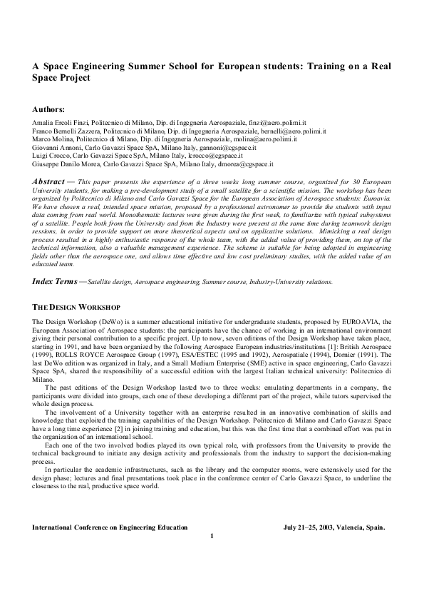 (PDF) A Space Engineering Summer School for European students: Training ...