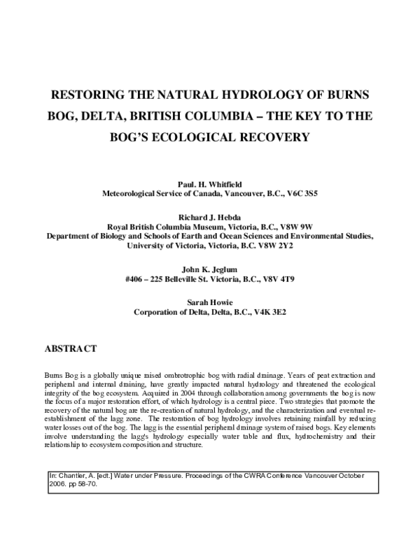 (PDF) Restoring the Natural Hydrology of Burns Bog, Delta, British ...