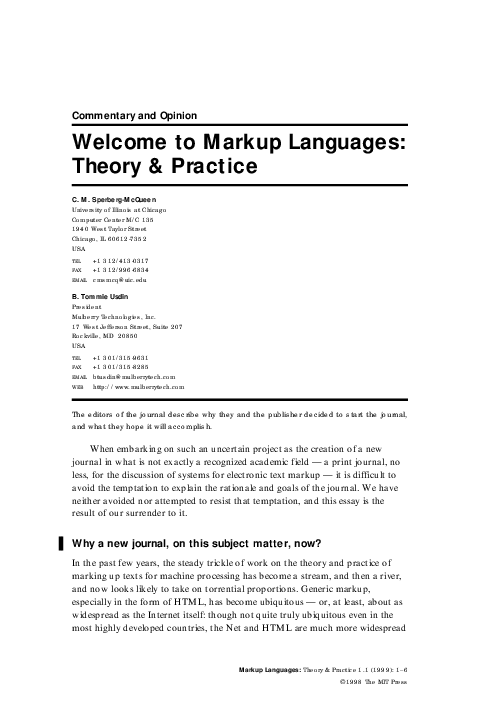 (PDF) Welcome to Markup Languages: Theory & Practice