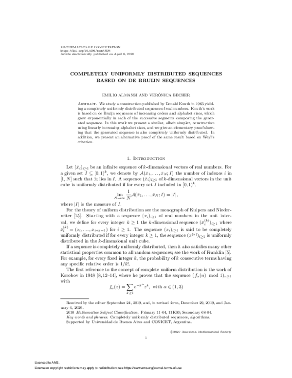 (PDF) Completely uniformly distributed sequences based on de Bruijn sequences | Verónica Becher ...