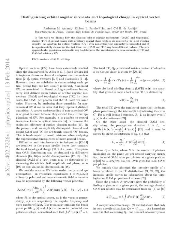 (PDF) Distinguishing orbital angular momenta and topological charge in optical vortex beams