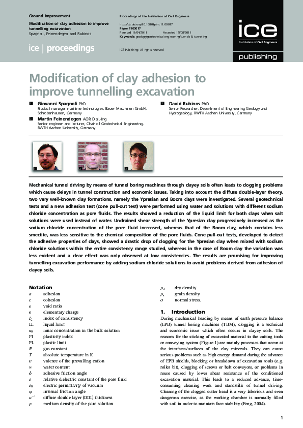 (PDF) Modification of clay adhesion to improve tunnelling excavation