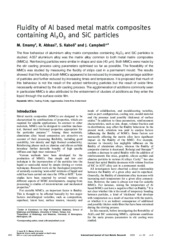 (PDF) Fluidity of Al based metal matrix composites containing Al 2 O 3 ...