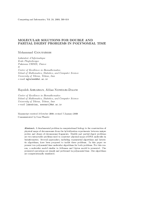 (PDF) Molecular solutions for double and partial digest problems in polynomial time