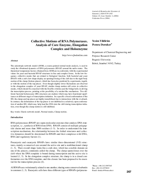 (PDF) Collective Motions of RNA Polymerases. Analysis of Core Enzyme ...