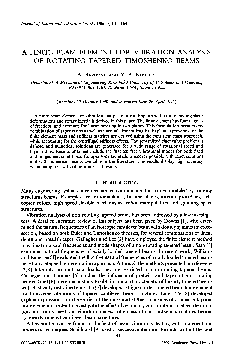 Pdf A Finite Beam Element For Vibration Analysis Of Rotating Tapered Timoshenko Beams