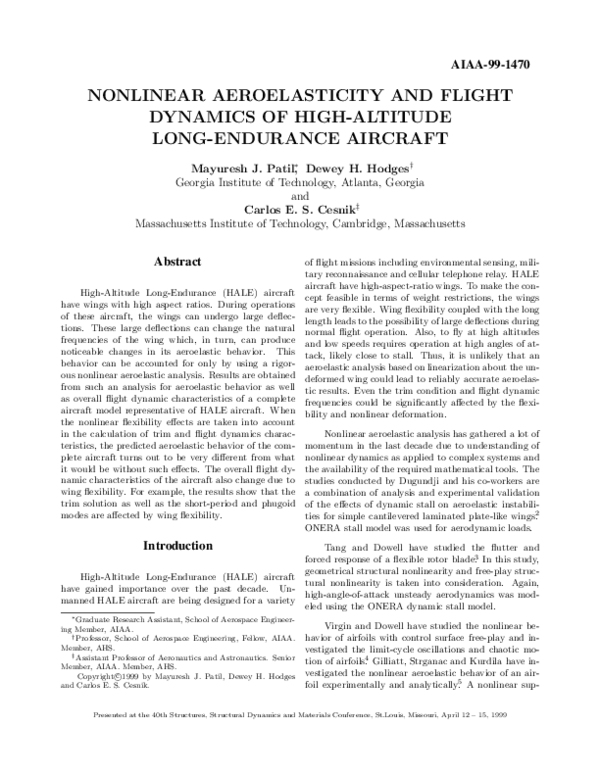 (PDF) Nonlinear Aeroelasticity and Flight Dynamics of High-Altitude Long-Endurance Aircraft