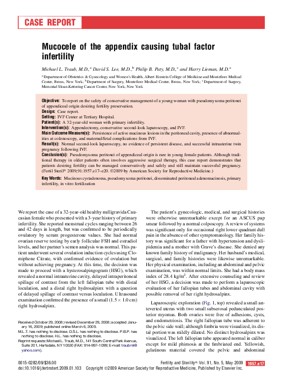 (PDF) Mucocele of the appendix causing tubal factor infertility | Harry ...