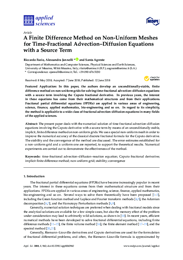 Pdf A Finite Difference Method On Non Uniform Meshes For Time Fractional Advection Diffusion