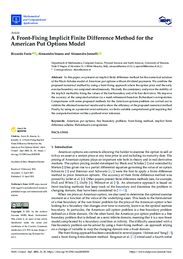 (PDF) A Front-Fixing Implicit Finite Difference Method for the American ...