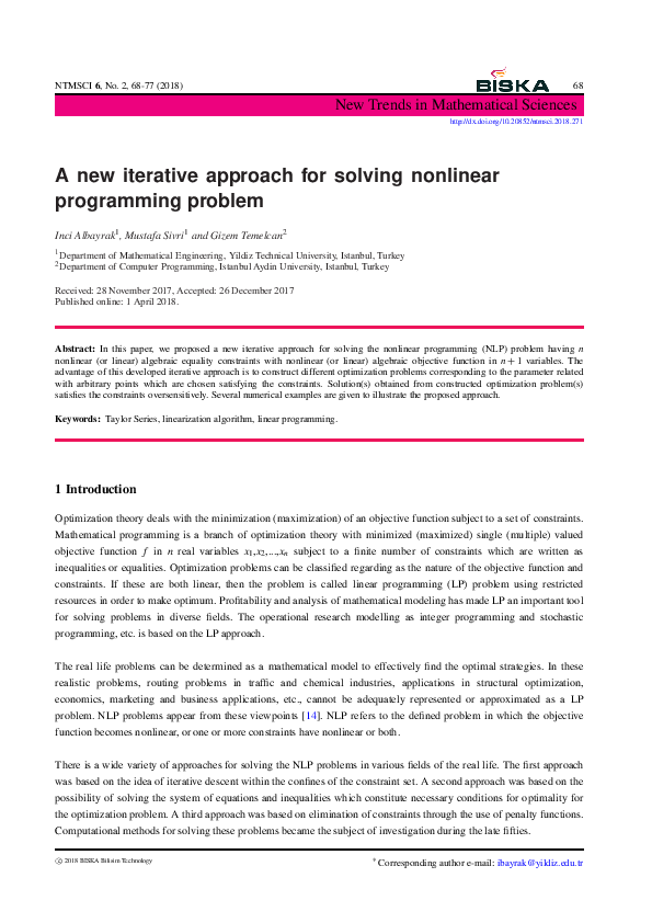 (PDF) A new iterative approach for solving nonlinear programming problem