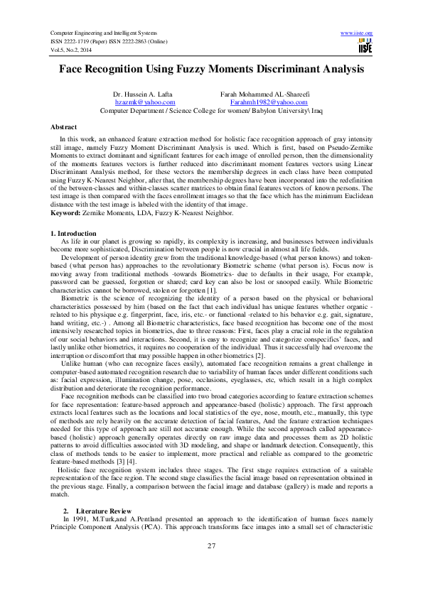 (PDF) Face Recognition Using Fuzzy Moments Discriminant Analysis
