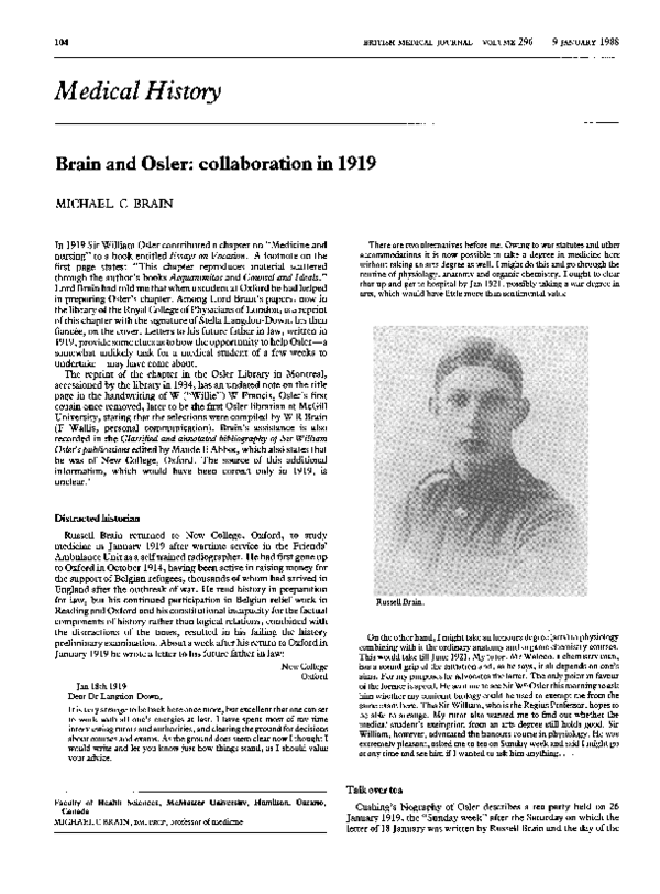 (PDF) Brain and Osler: collaboration in 1919