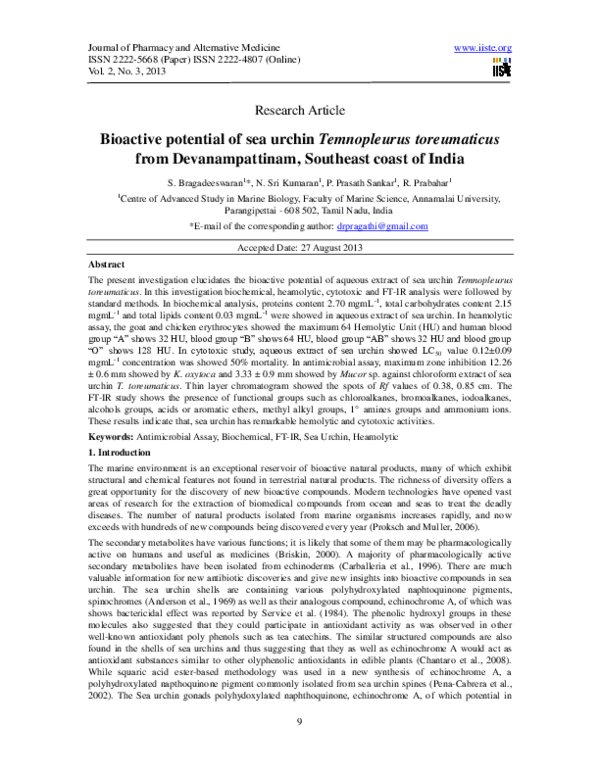 (PDF) Bioactive potential of sea urchin Temnopleurus toreumaticus from ...