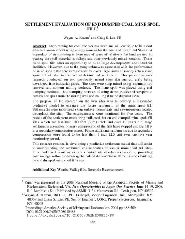 (PDF) Settlement Evaluation of End Dumped Coal Mine Spoil Fill