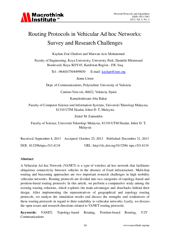 Pdf Routing Protocols In Vehicular Ad Hoc Networks Survey And Research Challenges Jaime