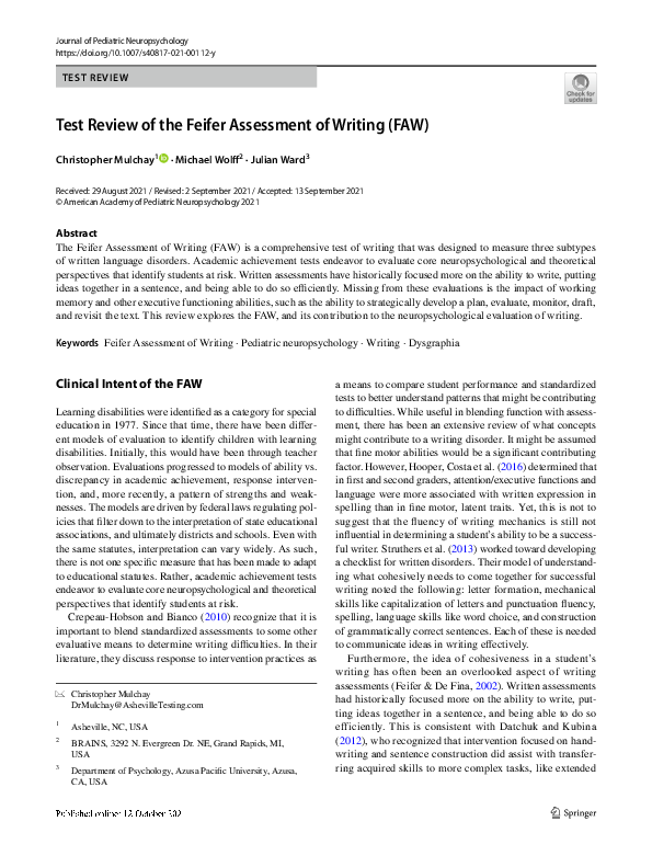 (PDF) Test Review of the Feifer Assessment of Writing (FAW)
