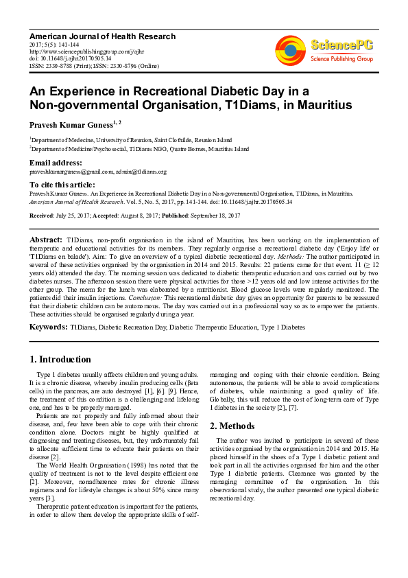(PDF) An Experience in Recreational Diabetic Day in a Non-governmental ...