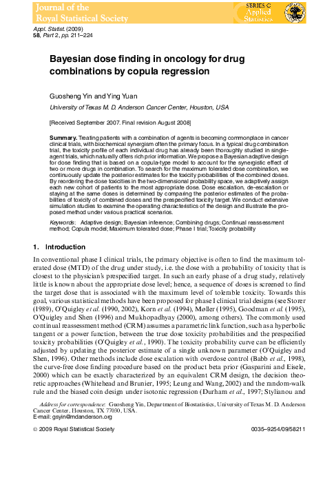 (PDF) Bayesian dose finding in oncology for drug combinations by copula ...