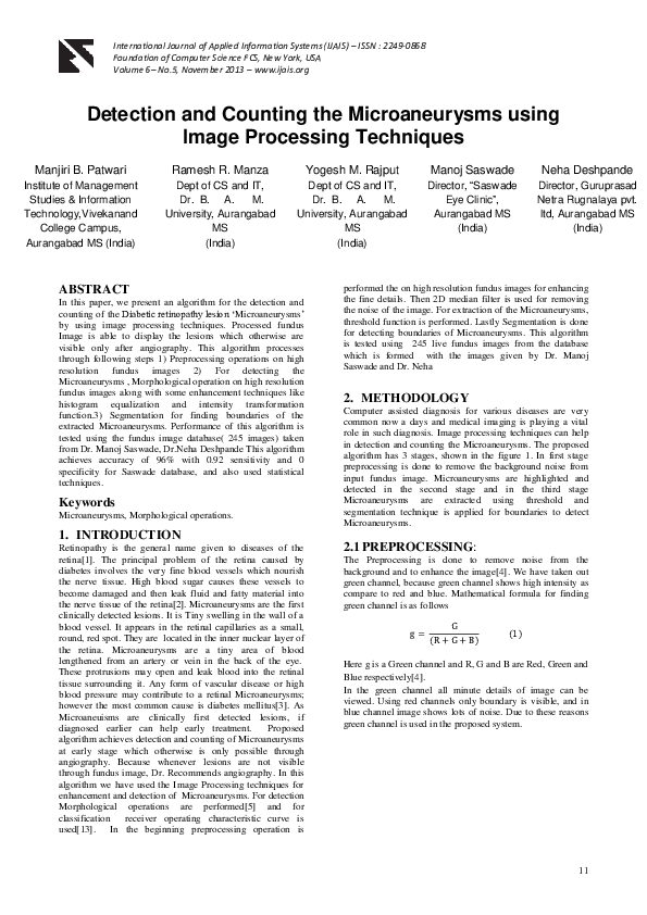 Pdf Detection And Counting The Microaneurysms Using Image Processing