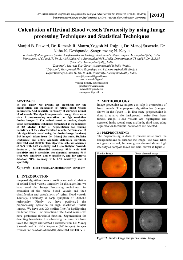 (PDF) Calculation of Retinal Blood vessels Tortuosity by using Image processing Techniques and ...