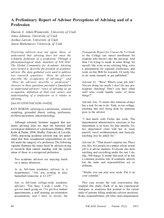 (PDF) A Preliminary Report of Advisor Perceptions of Advising and of a ...