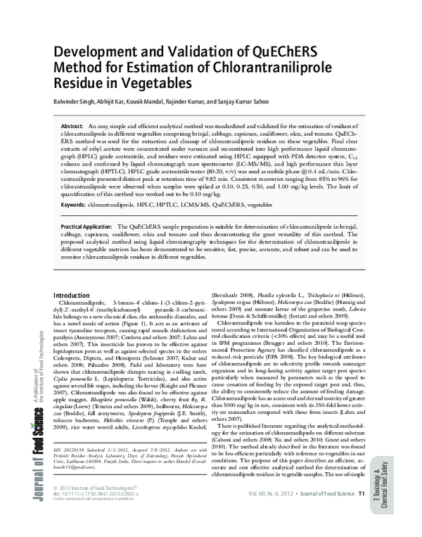 (PDF) Development and Validation of QuEChERS Method for Estimation of Chlorantraniliprole ...
