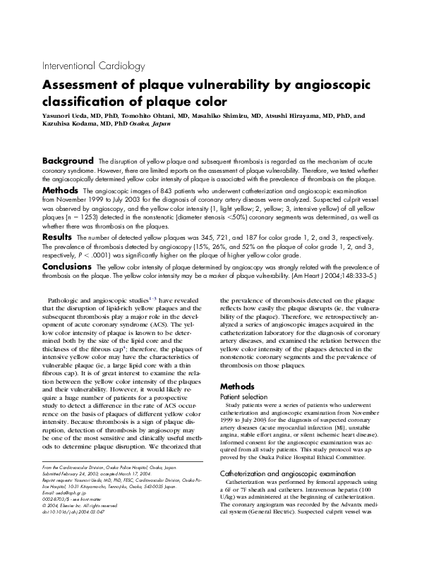 (PDF) Assessment of plaque vulnerability by angioscopic classification ...