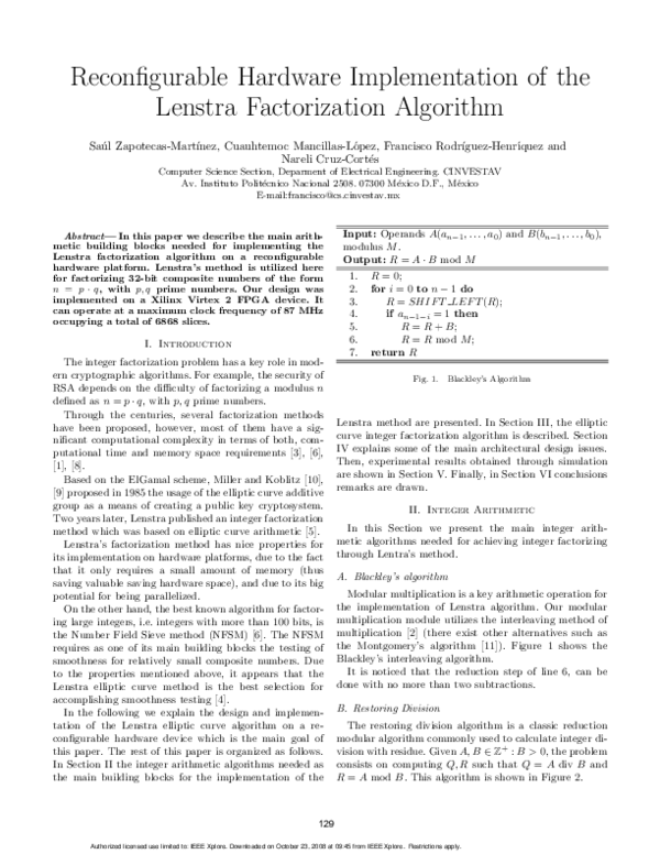 Pdf Reconfigurable Hardware Implementation Of The Lenstra Factorization Algorithm 5055