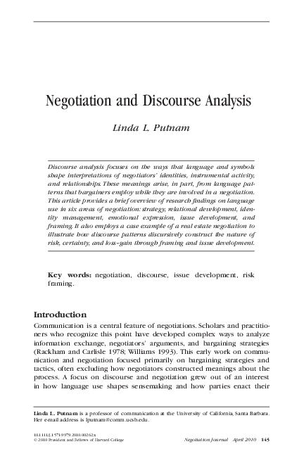 (PDF) Negotiation and Discourse Analysis | Linda Putnam - Academia.edu