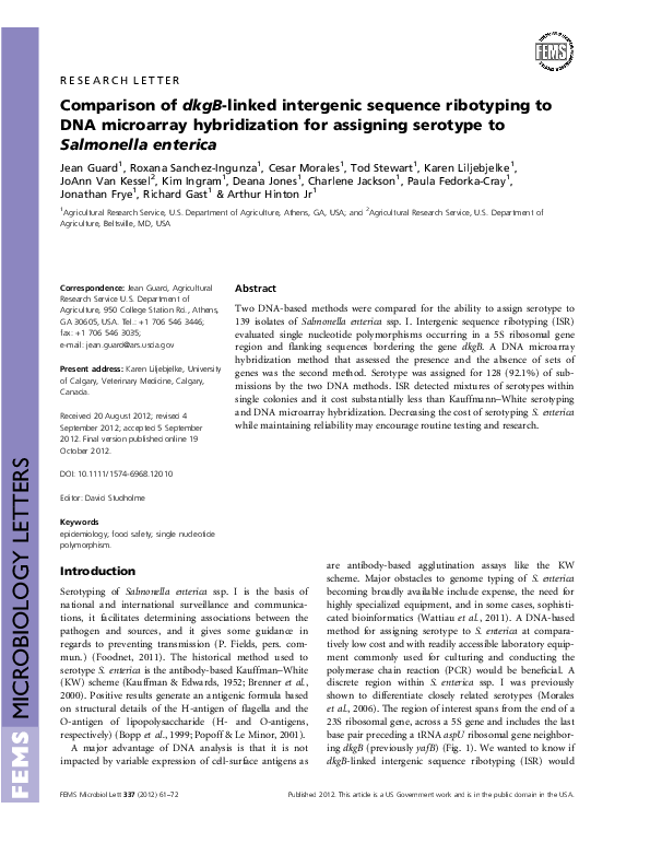 (PDF) Comparison of dkgB -linked intergenic sequence ribotyping to DNA ...