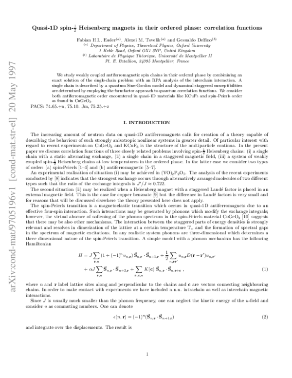 (PDF) Quasi-1D spin-1/2 Heisenberg magnets in their ordered phase: correlation functions