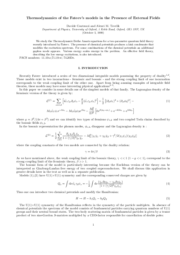 (PDF) Thermodynamics of Fateev's models in the presence of external fields