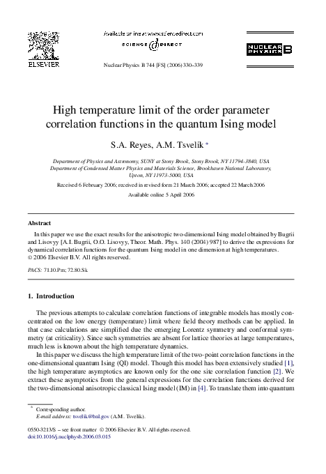 (PDF) High temperature limit of the order parameter correlation functions in the quantum Ising model