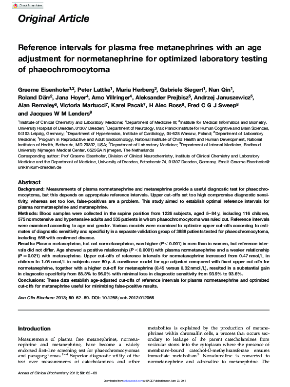 (PDF) Reference intervals for plasma free metanephrines with an age adjustment for ...