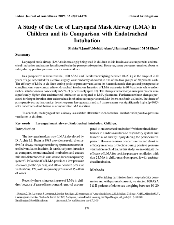 (PDF) A Study of the Use of Laryngeal Mask Airway (LMA) In Children and ...