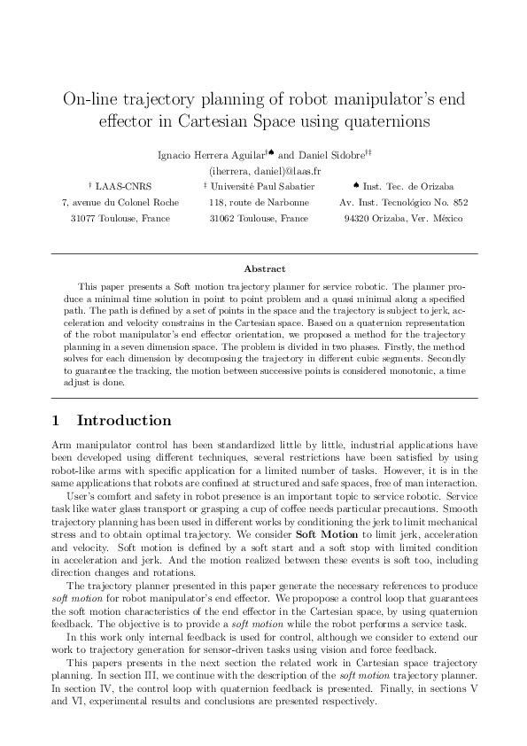 Pdf On Line Trajectory Planning Of Robot Manipulators End Effector In Cartesian Space Using