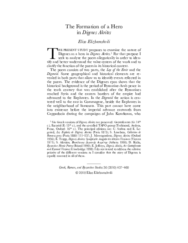 (PDF) The Formation of a Hero in Digenes Akrites