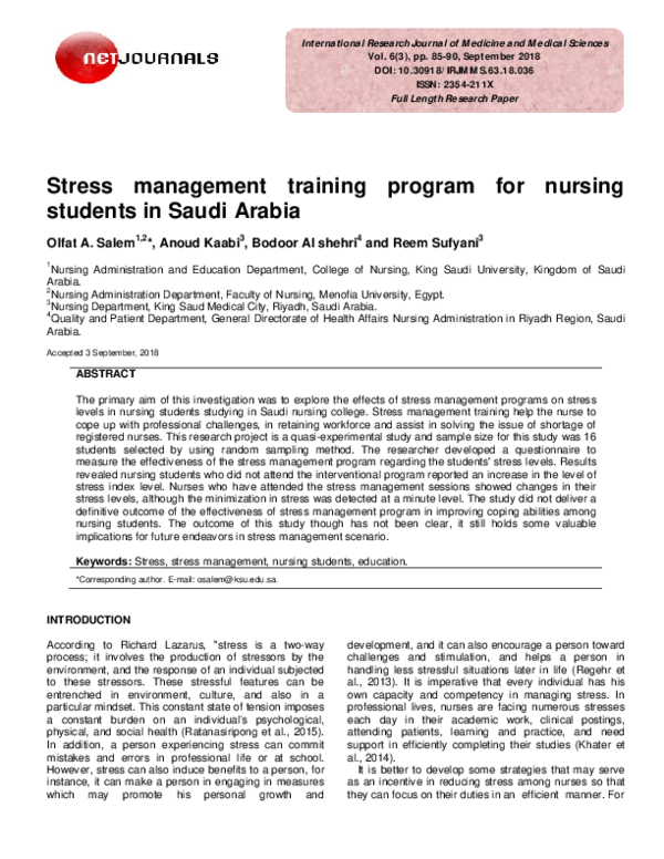(PDF) Stress management training program for nursing students in Saudi Arabia