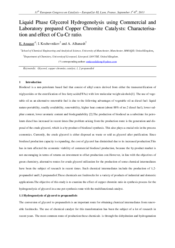 (PDF) Liquid Phase Glycerol Hydrogenolysis using Commercial and ...