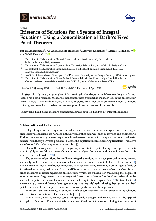 (PDF) Existence of Solutions for a System of Integral Equations Using a Generalization of Darbo ...